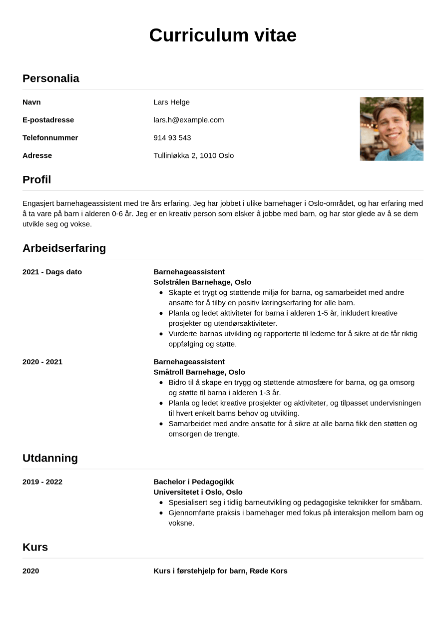 CV eksempel barnehageassistent | Jobseeker