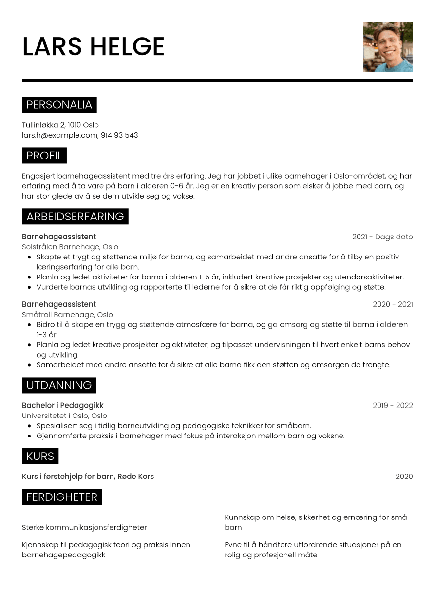 CV eksempel barnehageassistent | Jobseeker