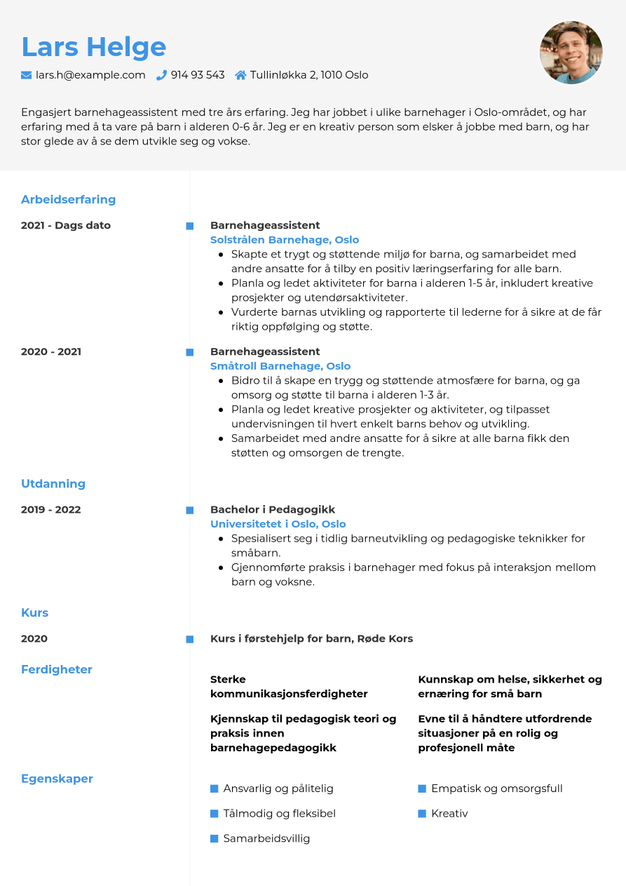 CV eksempel barnehageassistent | Jobseeker