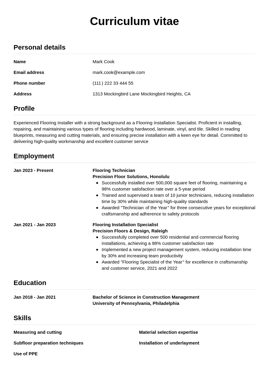 Flooring Installer Resume Example | Jobseeker