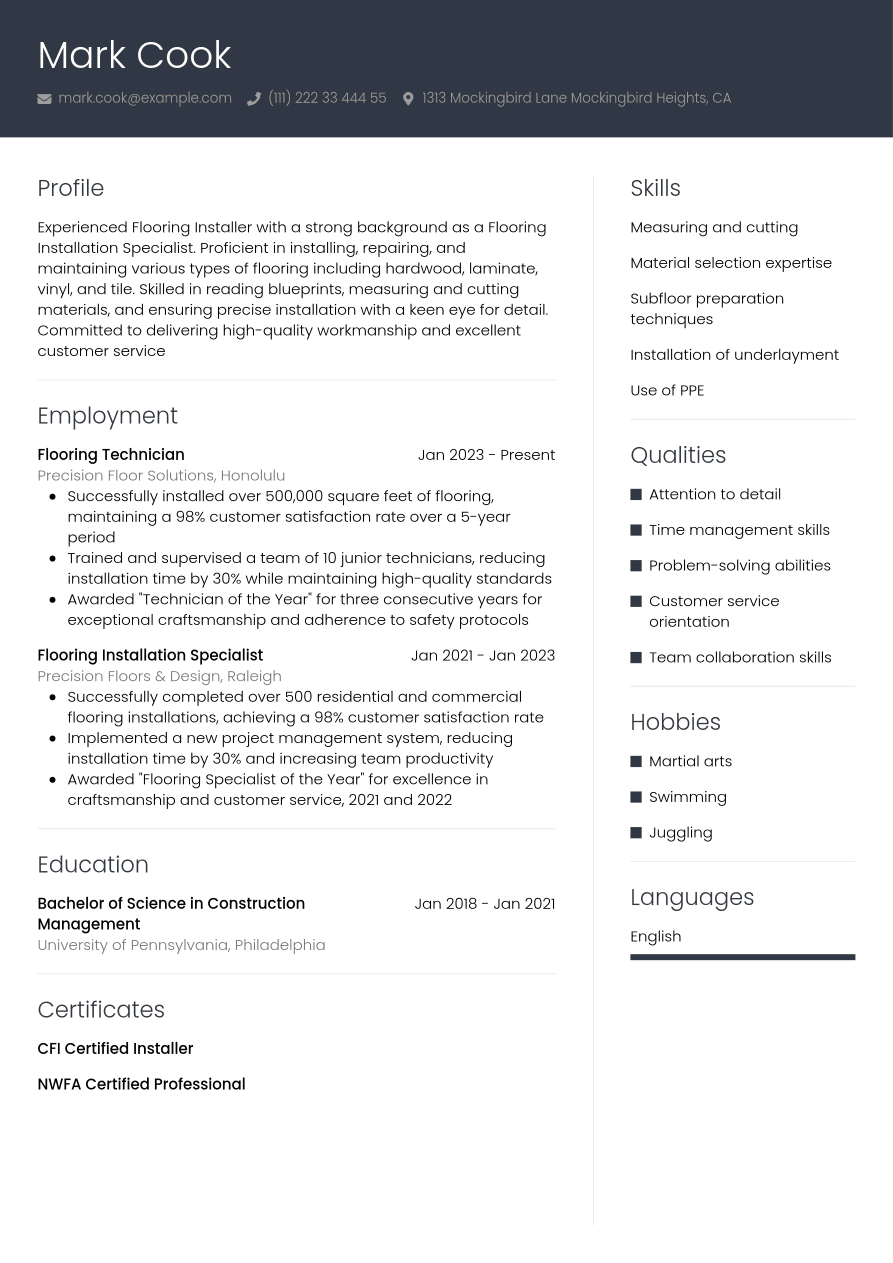Flooring Installer Resume Example | Jobseeker