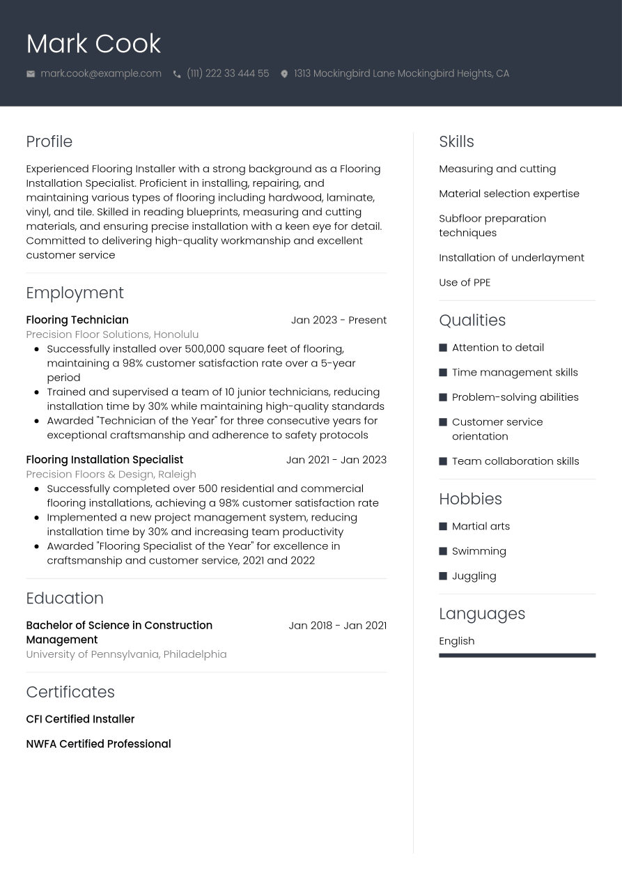 Flooring Installer Resume Example | Jobseeker