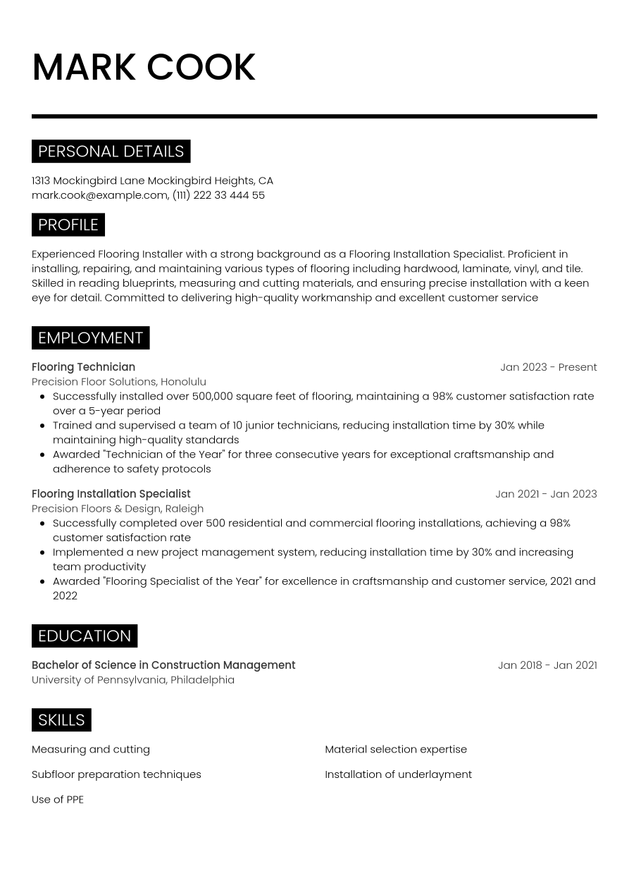 Flooring Installer Resume Example | Jobseeker