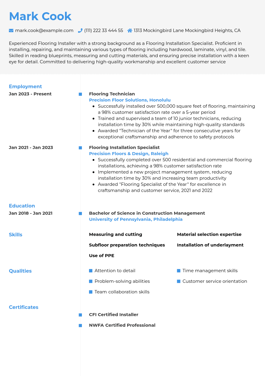 Flooring Installer Resume Example | Jobseeker