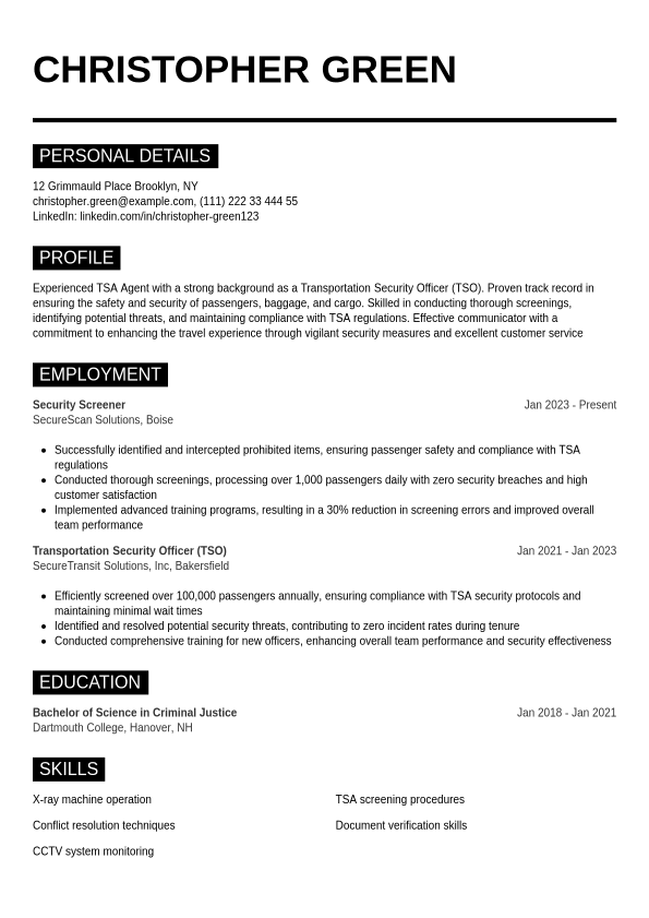 TSA Resume Example | Jobseeker