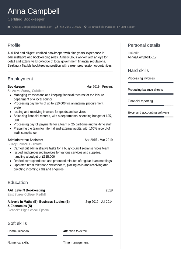 Bookkeeper CV Example | Jobseeker