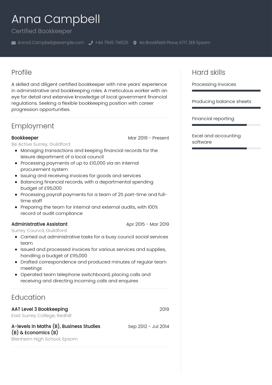 Bookkeeper CV Example | Jobseeker