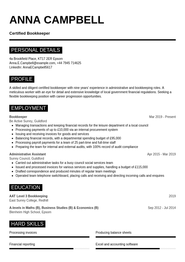 Bookkeeper CV Example | Jobseeker