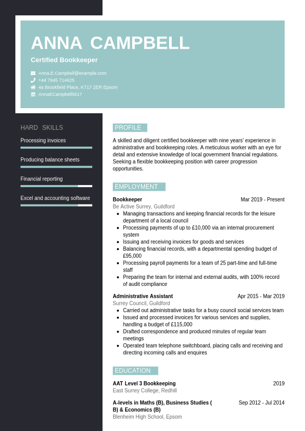 Bookkeeper CV Example | Jobseeker