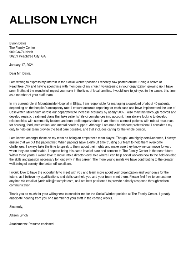 Social worker cover letter example | Jobseeker