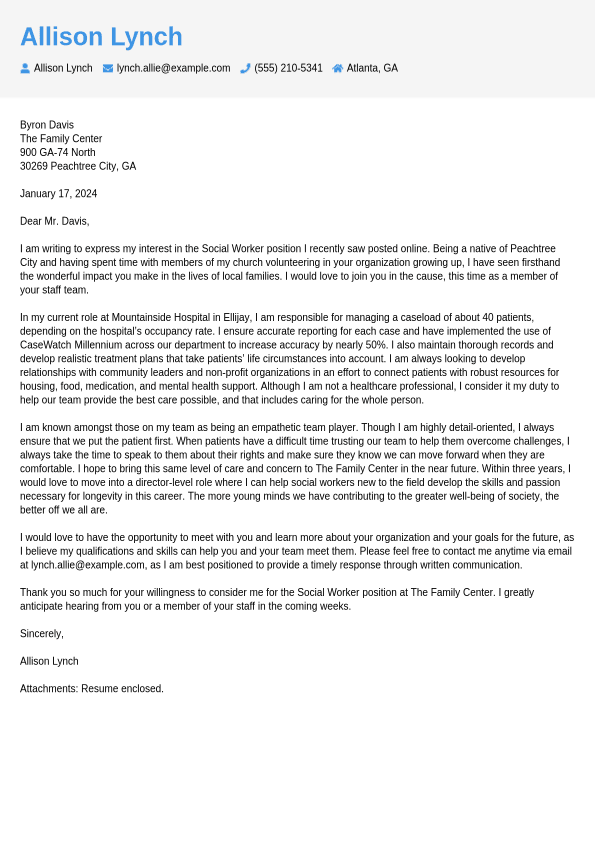 Social worker cover letter example | Jobseeker