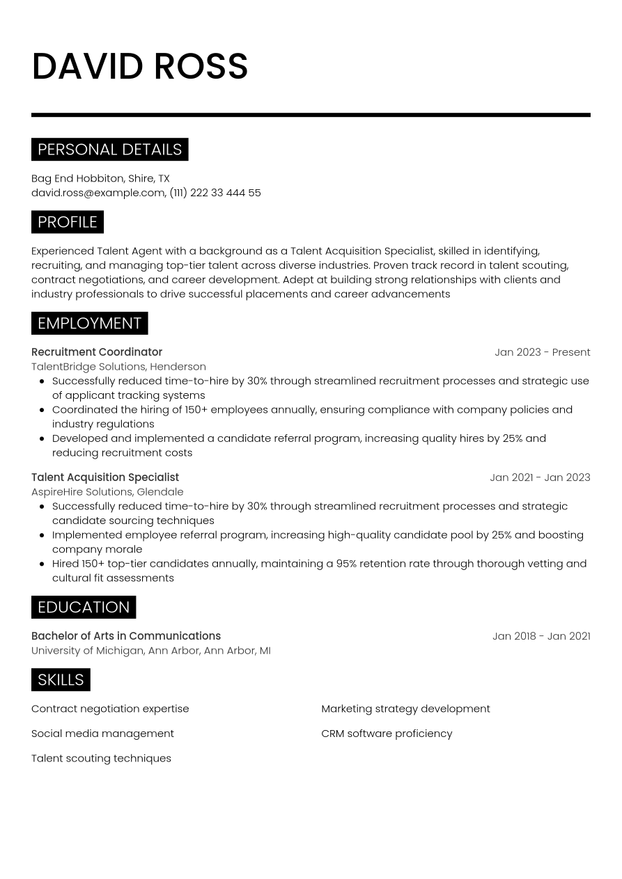Talent Agent Resume Example | Jobseeker