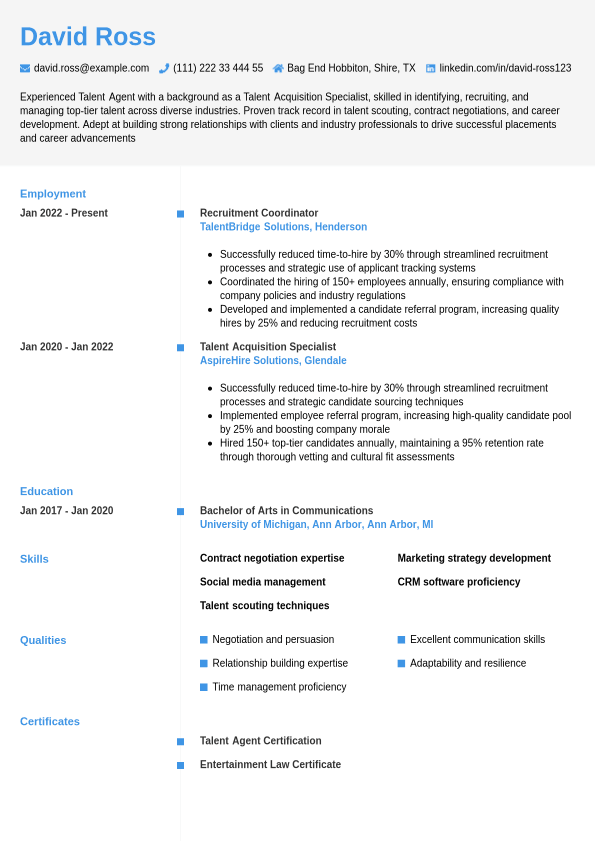 Talent Agent Resume Example | Jobseeker