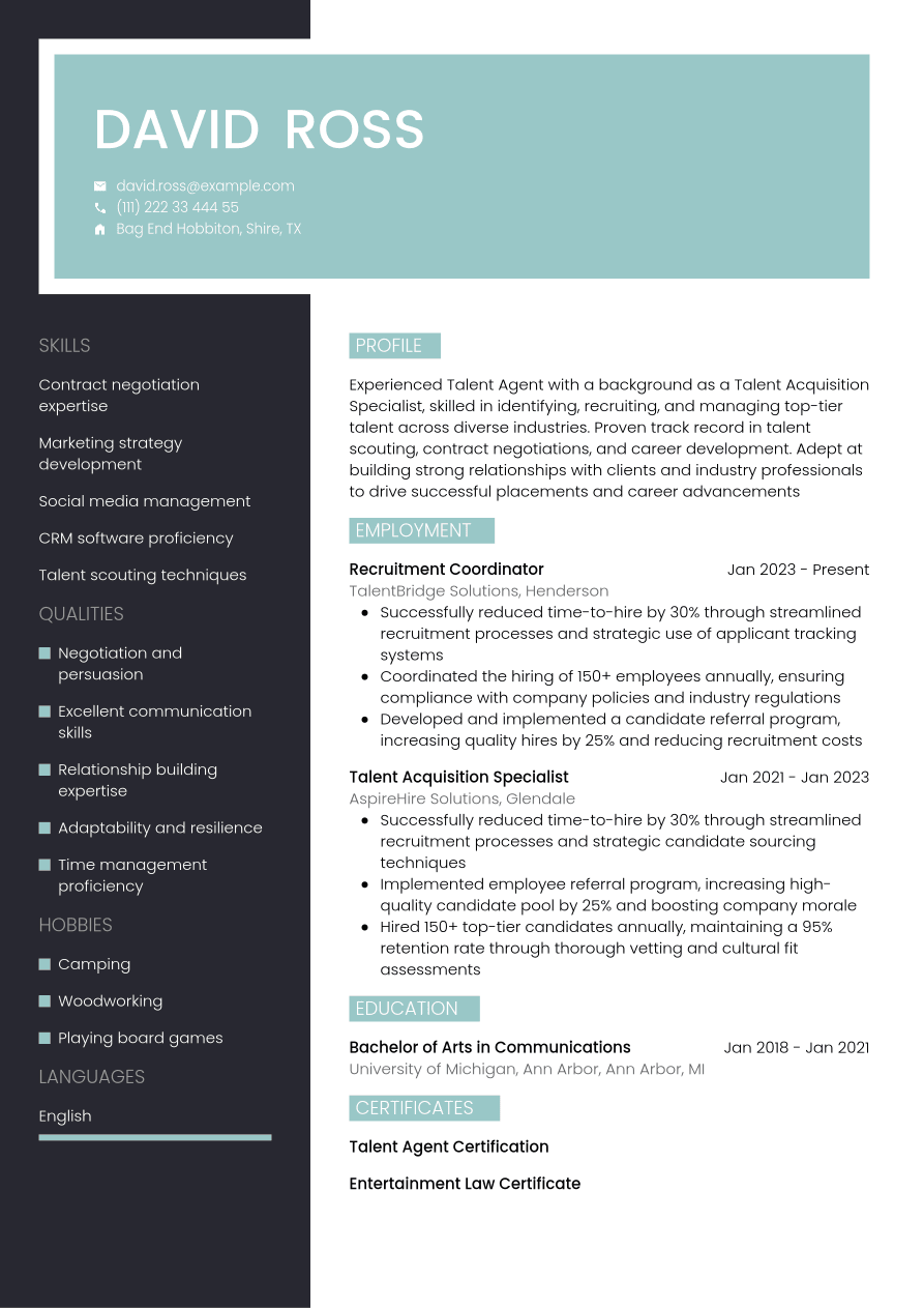 Talent Agent Resume Example | Jobseeker