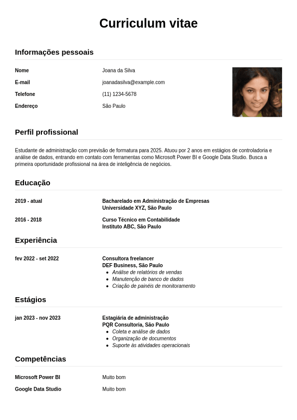 Exemplo de Currículo de Estudante | Jobseeker