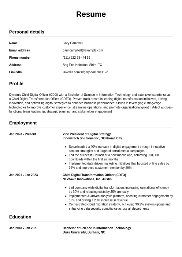 Chief Digital Officer Resume Example | Jobseeker