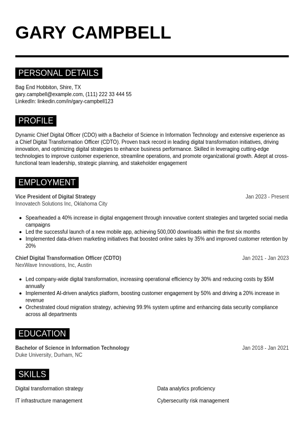 Chief Digital Officer Resume Example | Jobseeker