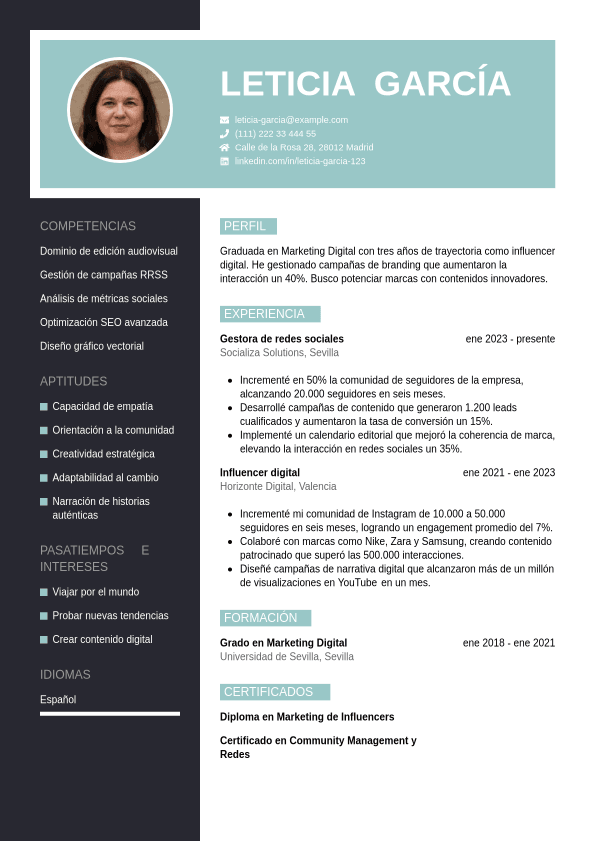 Currículum de influencer ejemplo y consejos | Jobseeker