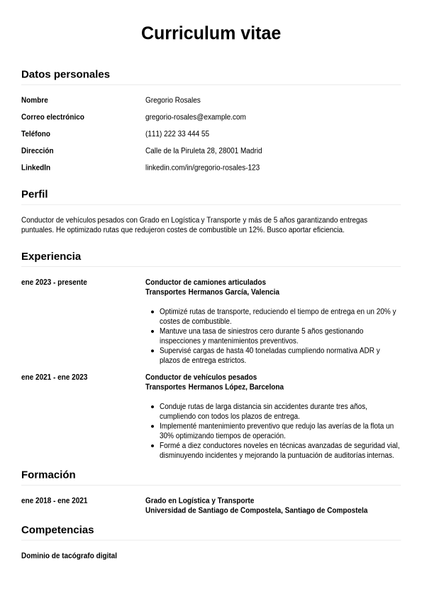 Currículum de camionero ejemplo y consejos | Jobseeker