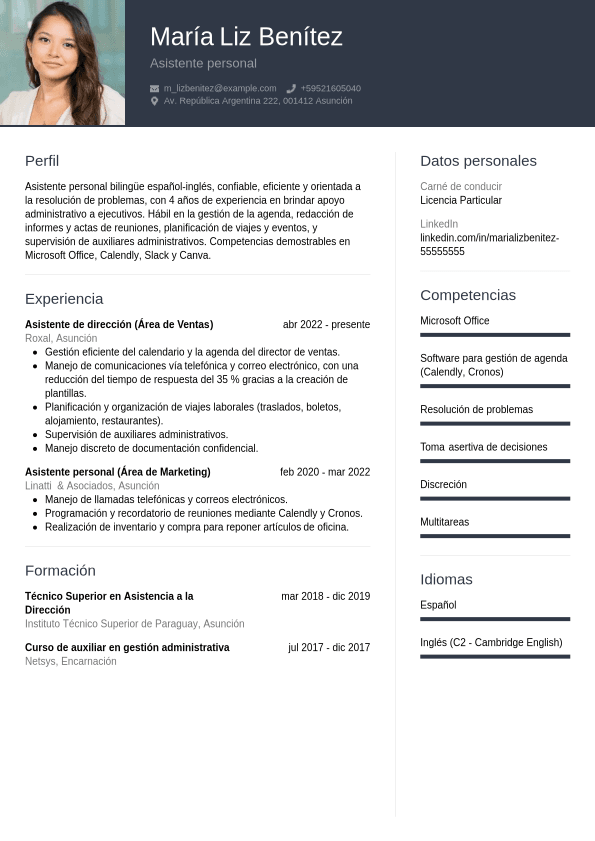Ejemplo de currículum para asistente personal | Jobseeker