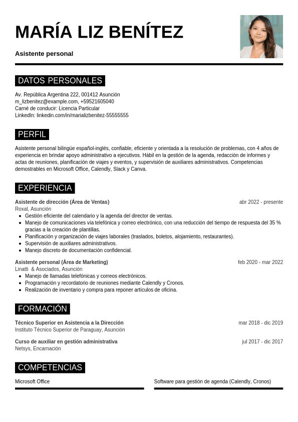 Ejemplo de currículum para asistente personal | Jobseeker