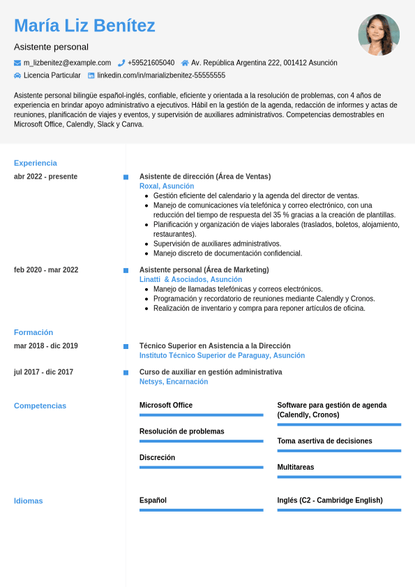 Ejemplo de currículum para asistente personal | Jobseeker