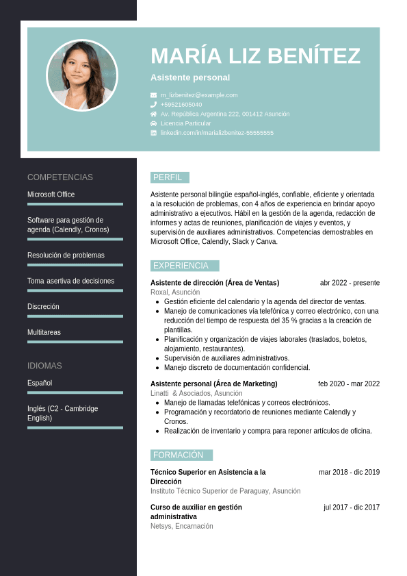 Ejemplo de currículum para asistente personal | Jobseeker