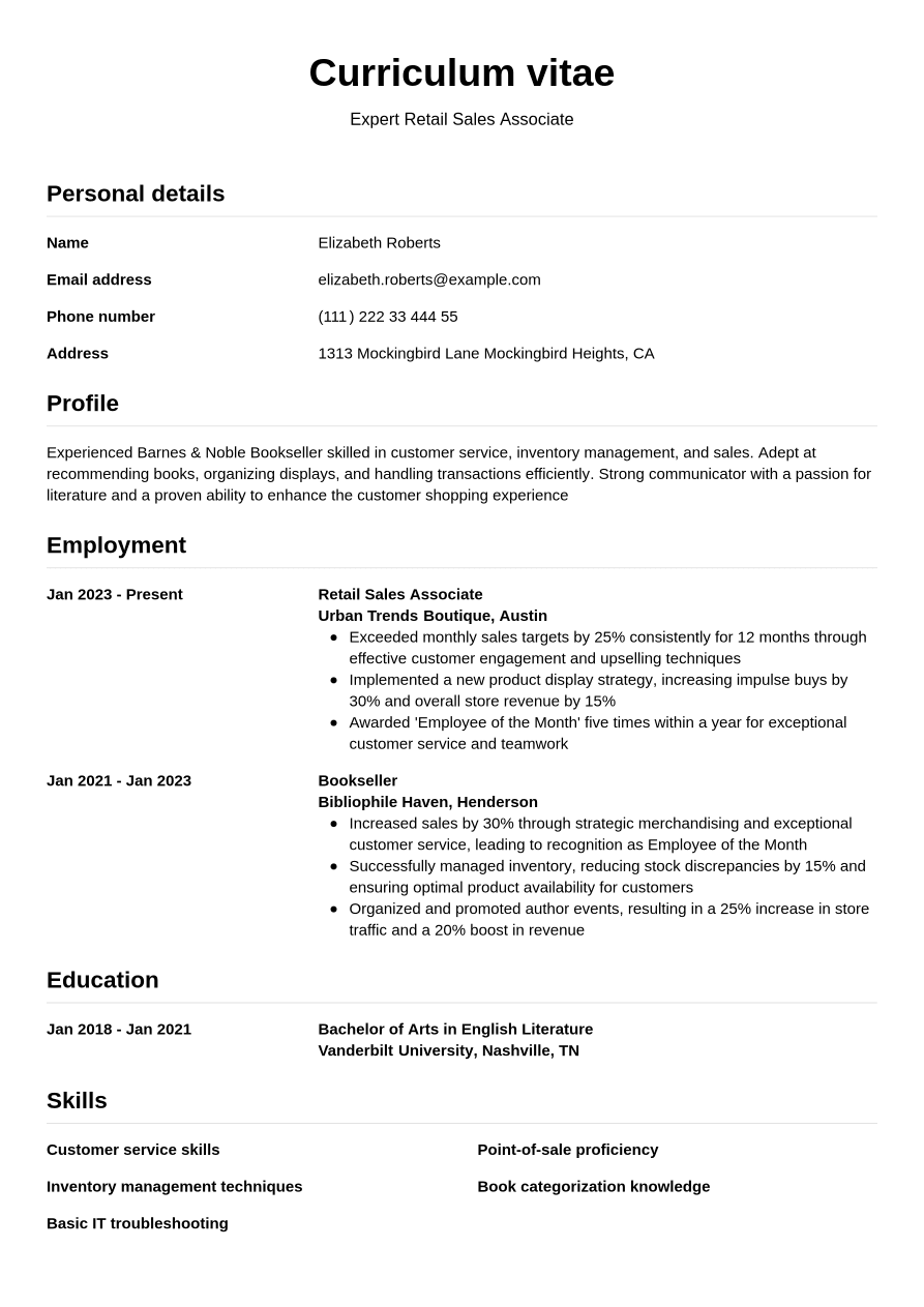 Barnes And Noble Resume Example | Jobseeker
