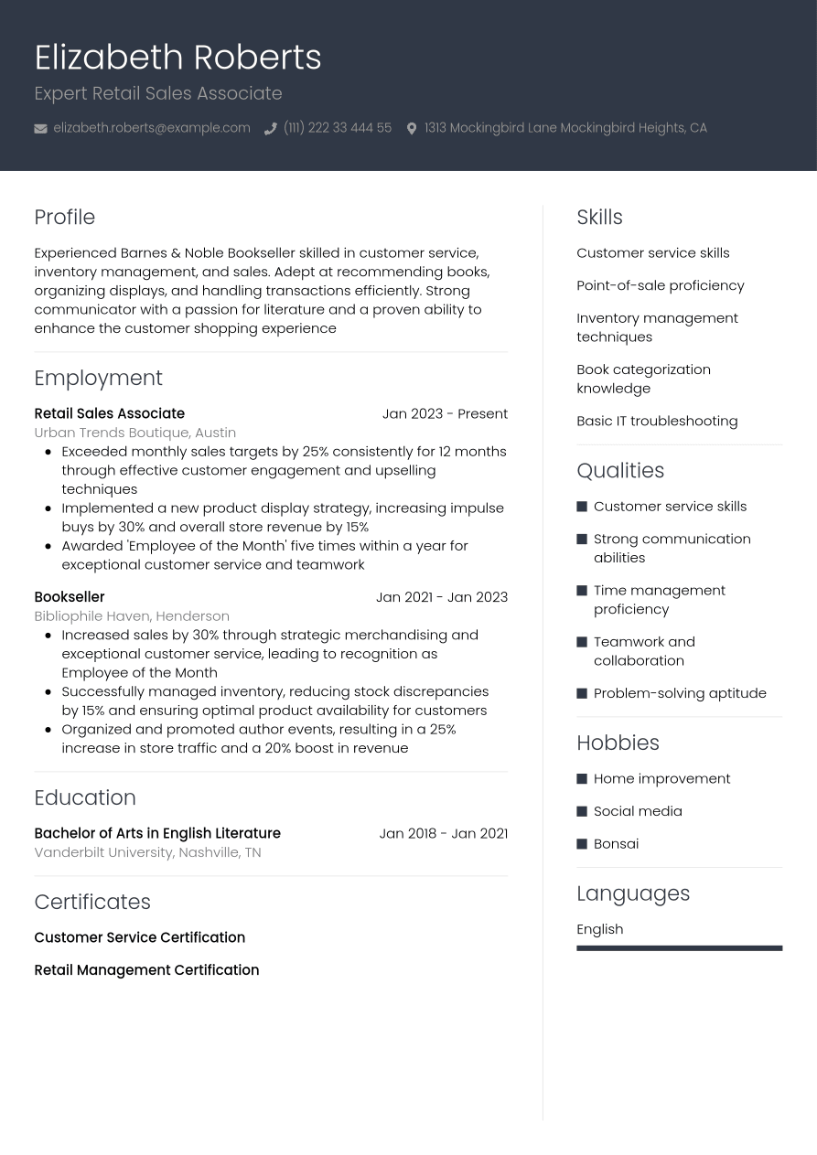 Barnes And Noble Resume Example | Jobseeker