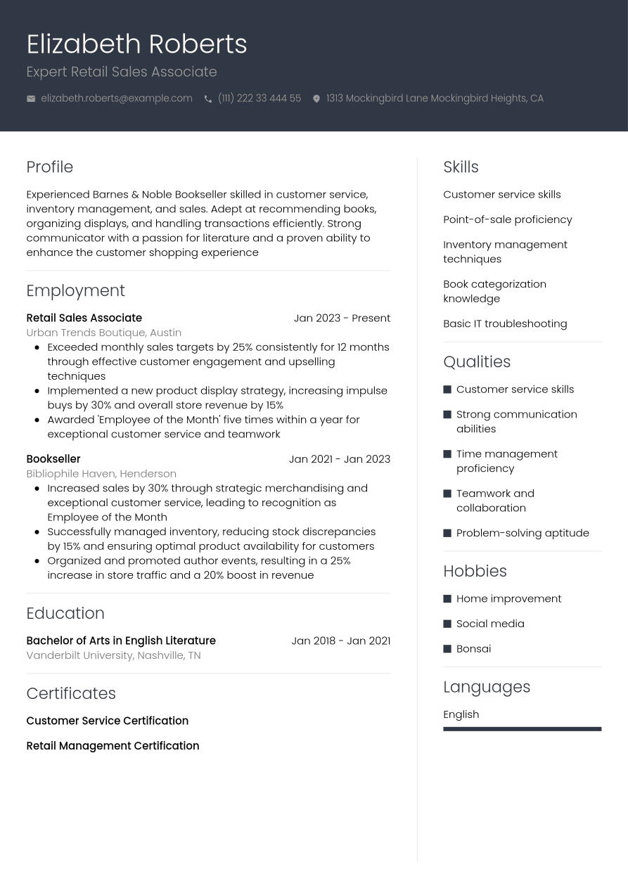 Barnes And Noble Resume Example | Jobseeker