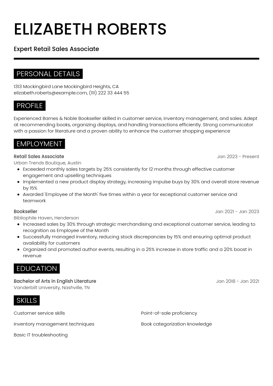 Barnes And Noble Resume Example | Jobseeker