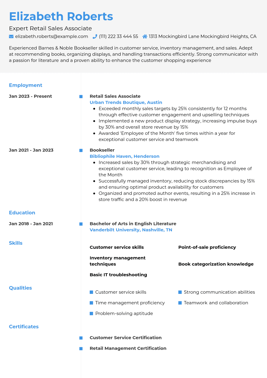 Barnes And Noble Resume Example | Jobseeker