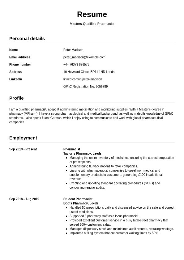 CV example Pharmacist | Jobseeker