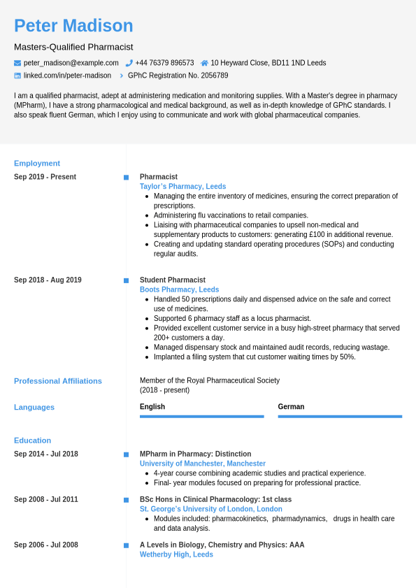 CV example Pharmacist | Jobseeker
