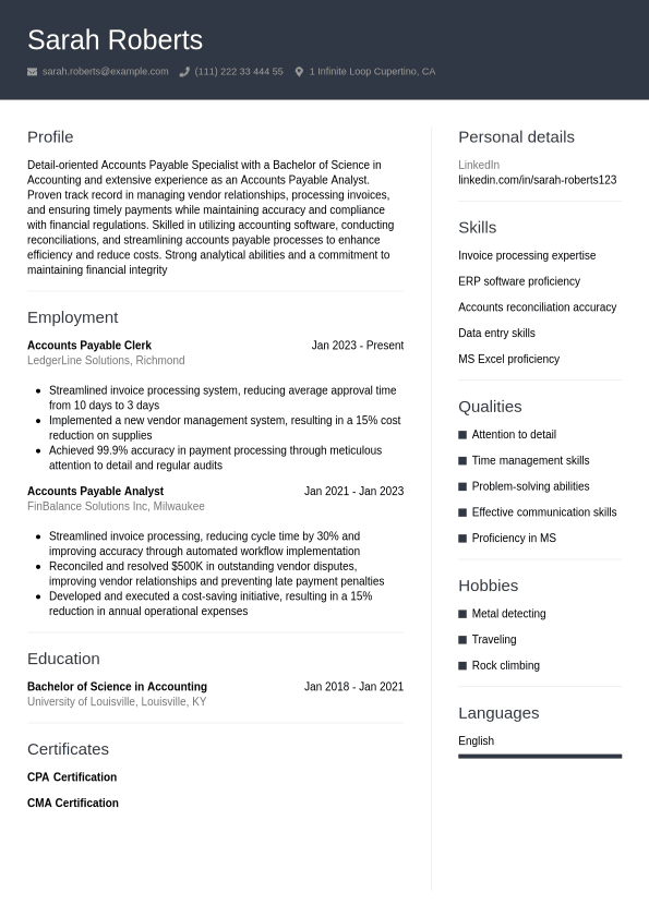 Accounts Payable Resume Example | Jobseeker