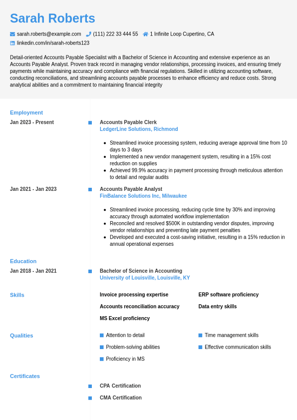 Accounts Payable Resume Example | Jobseeker