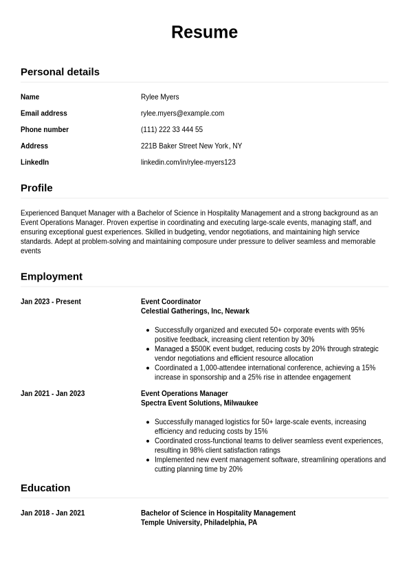 Banquet Manager Resume Example | Jobseeker