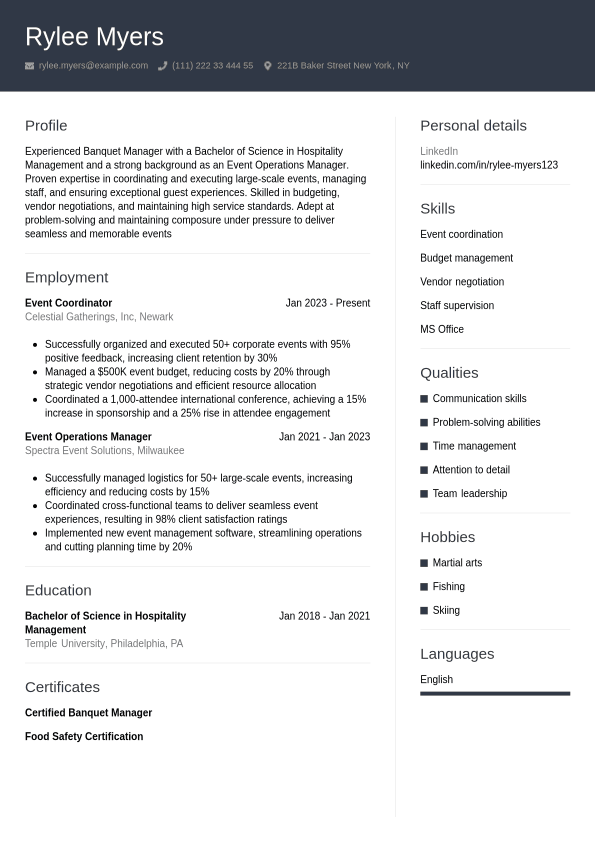 Banquet Manager Resume Example | Jobseeker