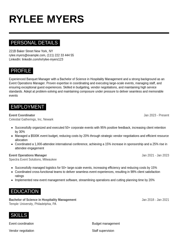 Banquet Manager Resume Example | Jobseeker