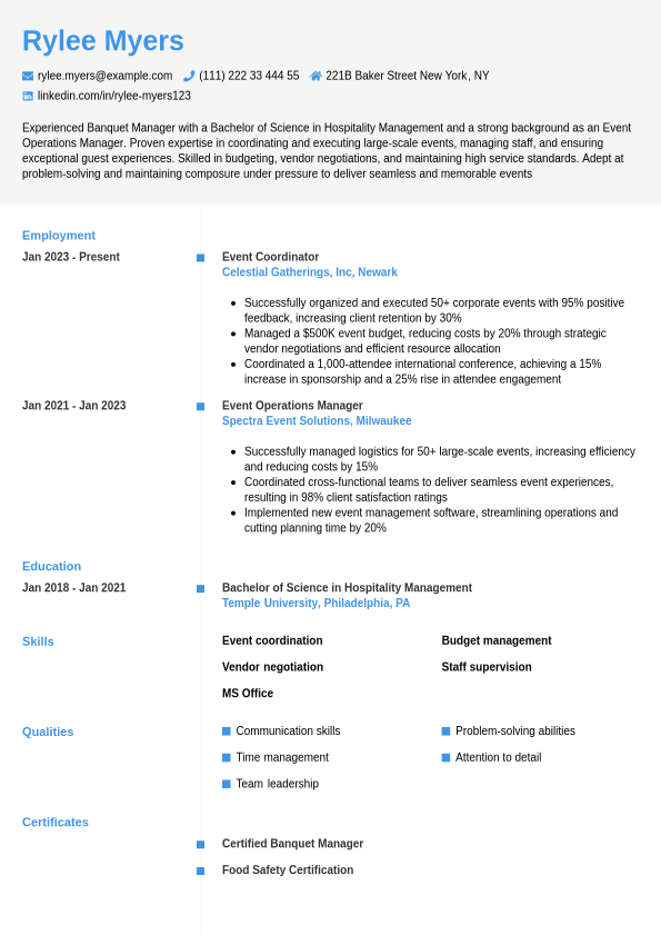 Banquet Manager Resume Example | Jobseeker