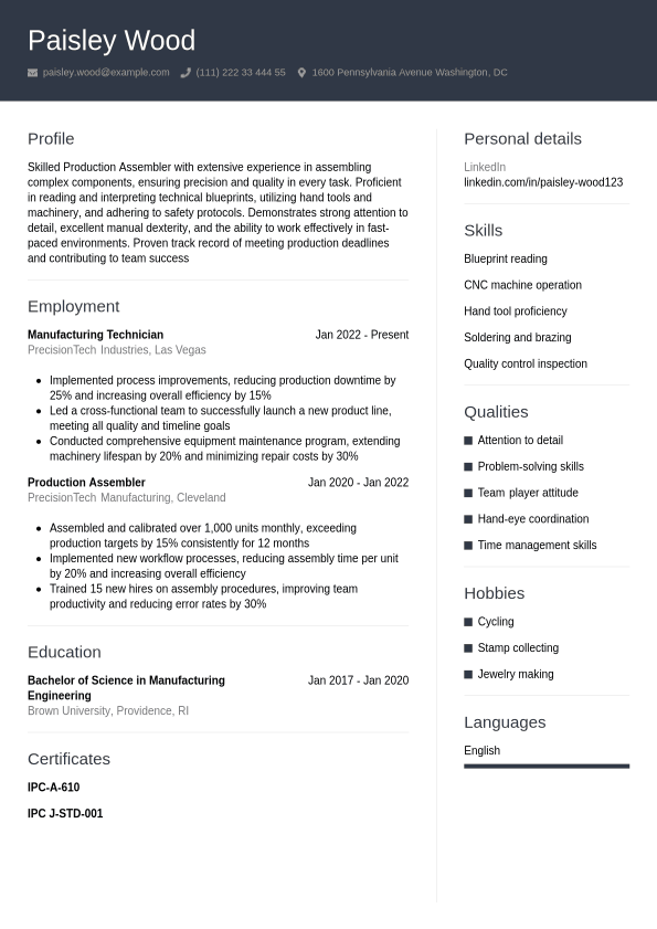 Assembler Resume Example | Jobseeker
