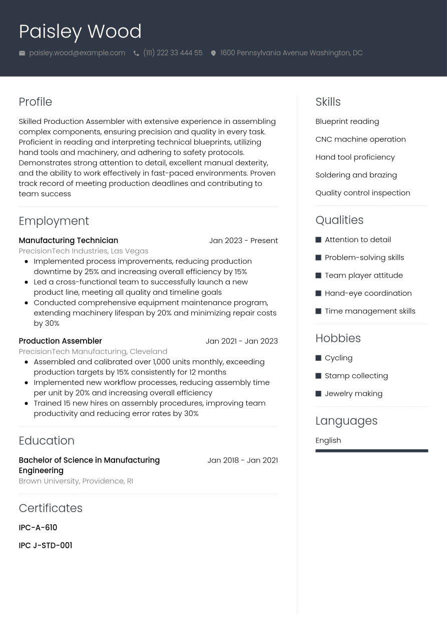 Assembler Resume Example | Jobseeker