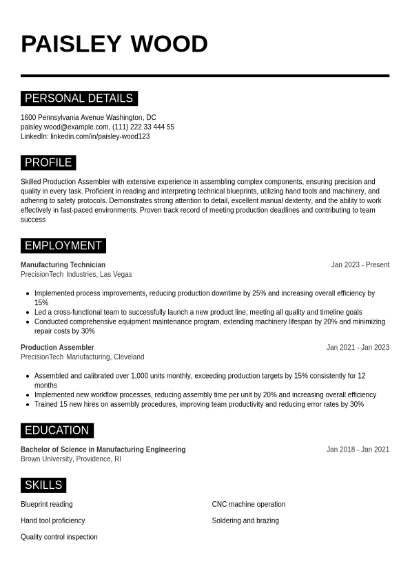 Assembler Resume Example | Jobseeker