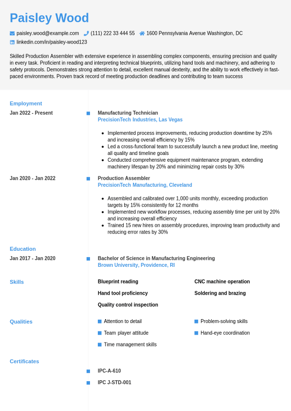 Assembler Resume Example | Jobseeker