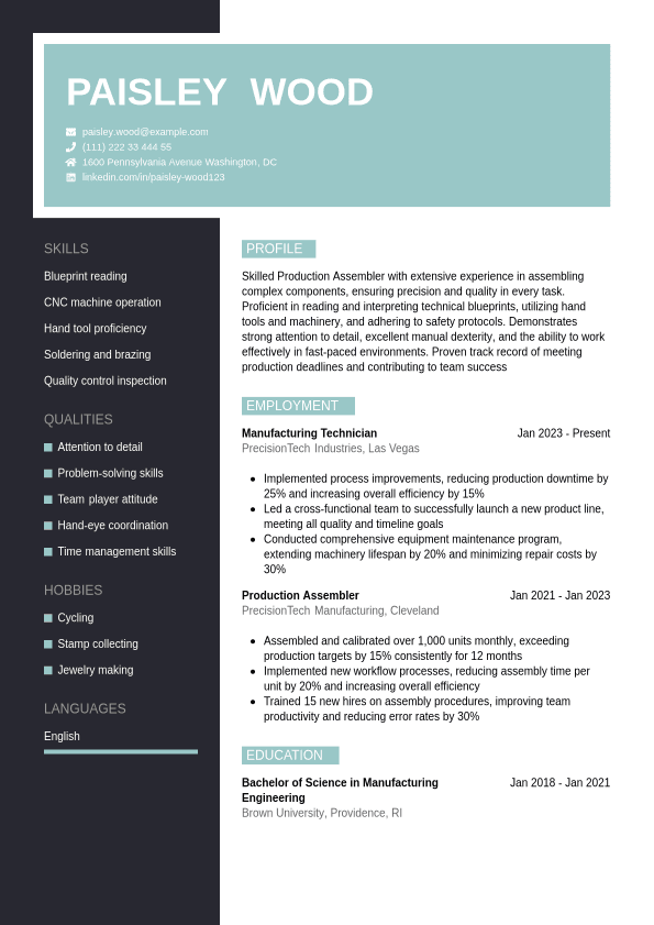 Assembler Resume Example | Jobseeker