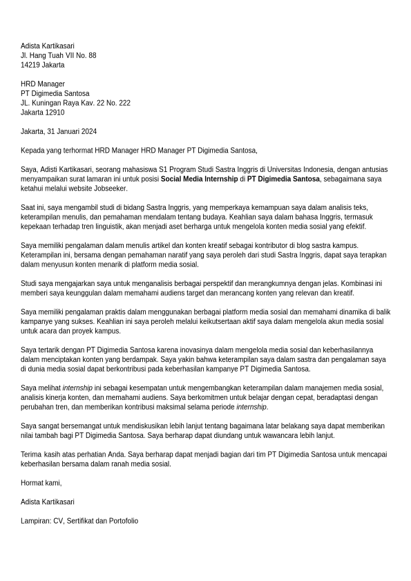 Contoh Surat Lamaran Kerja Mahasiswa | Jobseeker