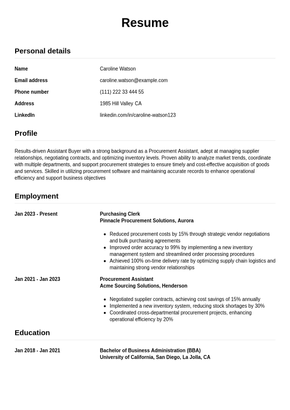 Assistant Buyer Resume Example | Jobseeker