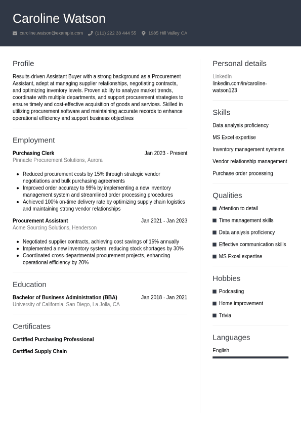Assistant Buyer Resume Example | Jobseeker