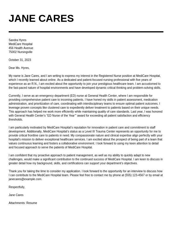 Nursing Cover Letter Example | Jobseeker