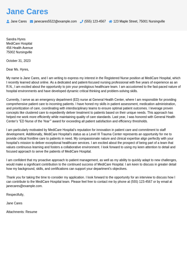 Nursing Cover Letter Example | Jobseeker